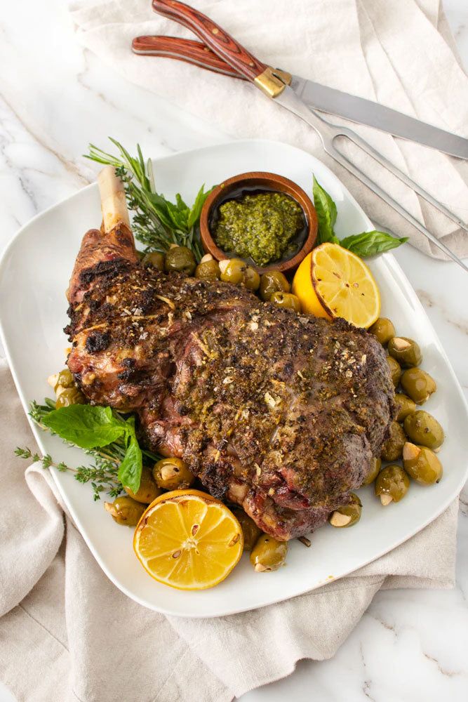 Pesto Roasted Lamb with Garlic Stuffed Olives – Prairie Oils & Vinegars